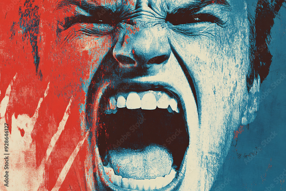 A dramatic and expressive portrait of a person screaming depicted in ...