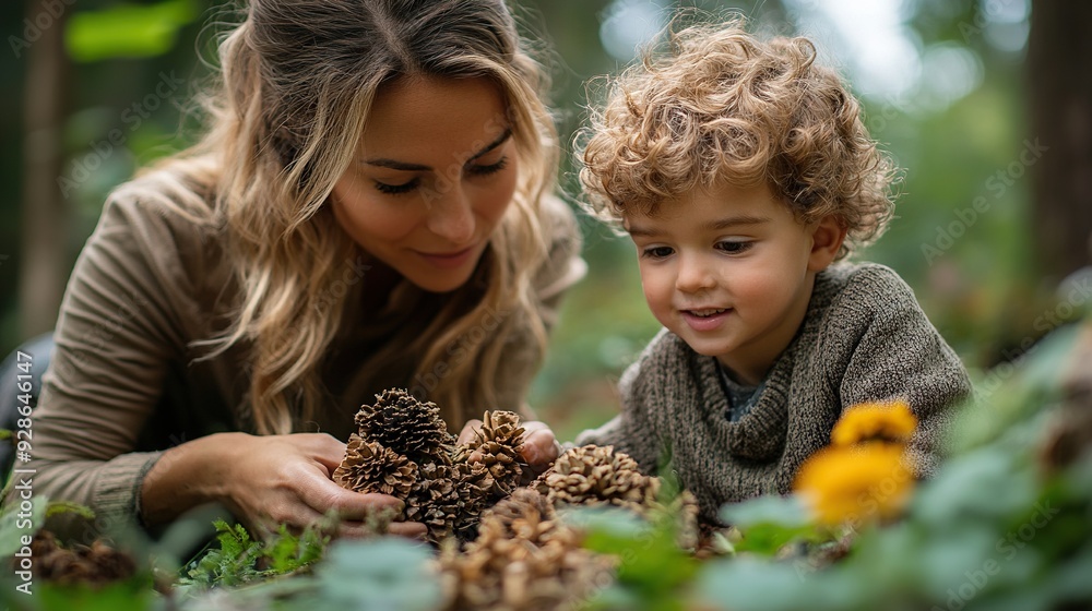 A mother and her son are creating a bug hotel or insect house together ...