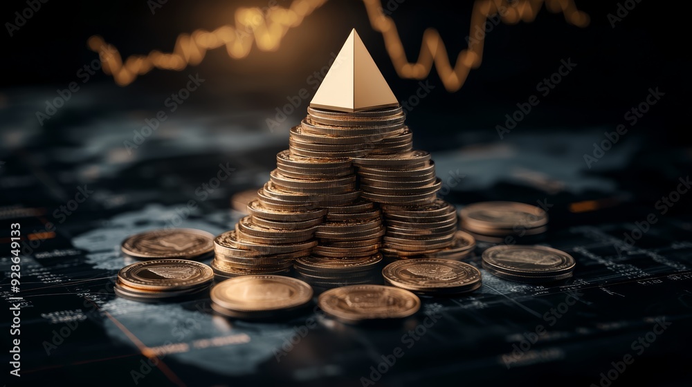 Visual representation of wealth featuring a pyramid of coins, financial ...