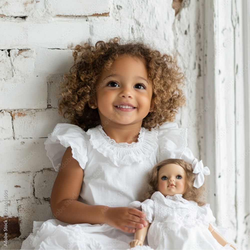 Young 4 year old girl playing with her dolls. wearing vintage ruffle ...