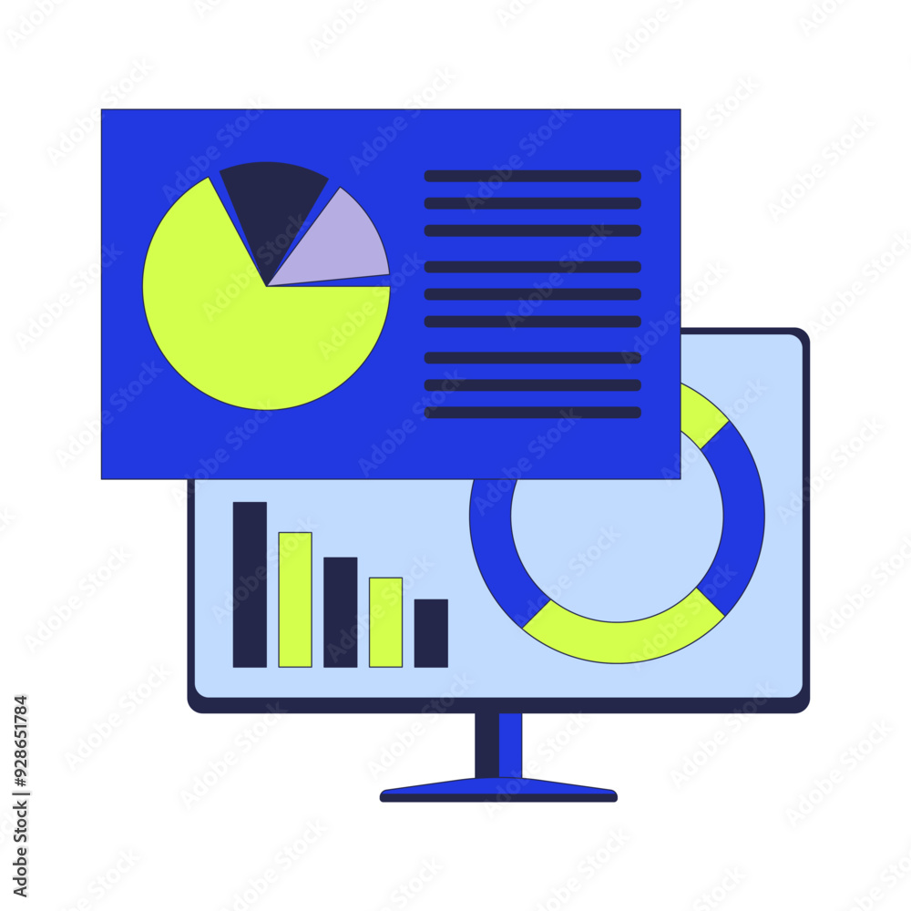 Computer analyzing data 2D cartoon object. Pie chart graph. Tech ...