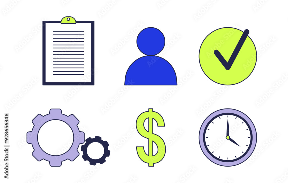 Project management 2D cartoon objects set. Cogwheels, clipboard, money ...