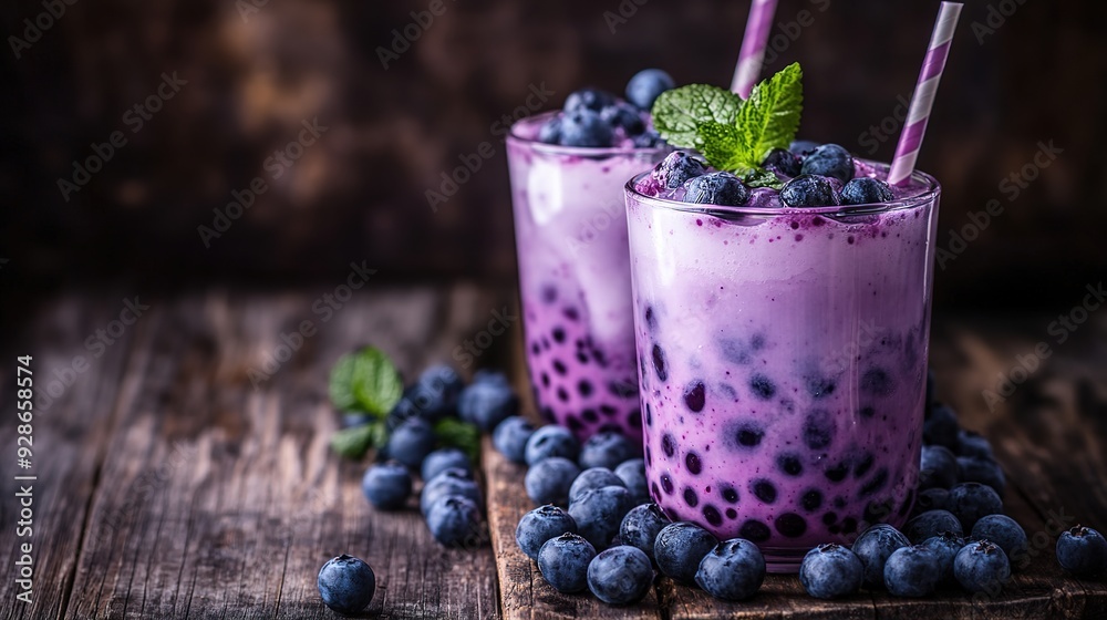 A refreshing blueberry bubble tea featuring vibrant blue hues and a blend of tapioca pearls. The ...