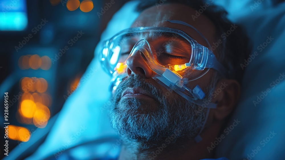 man in intensive care unit lying on hospital bed with an oxygen mask on ...