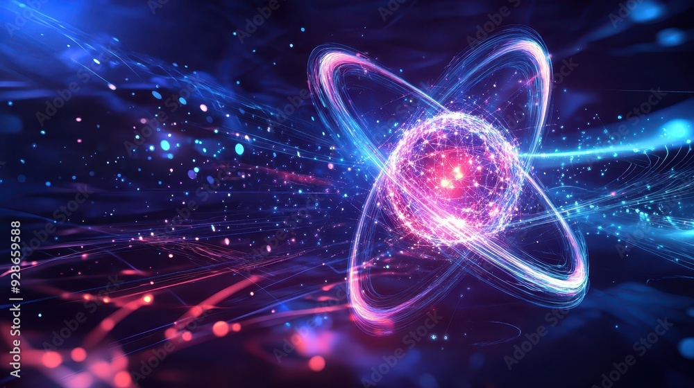 Futuristic atom with dynamic electron trails around nucleus, glowing in ...
