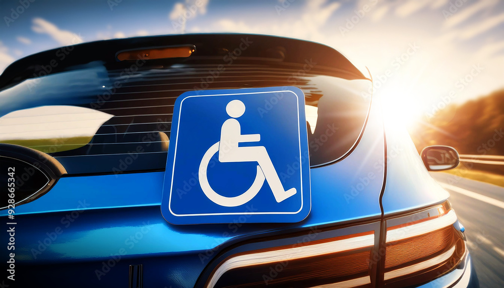 Extreme close-up of a blue and white wheelchair access sign (sticker ...
