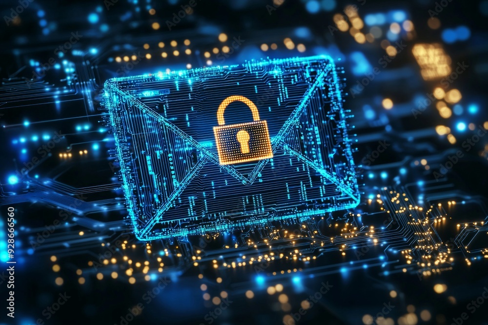 An encrypted email icon with an envelope made of digital circuitry, and ...