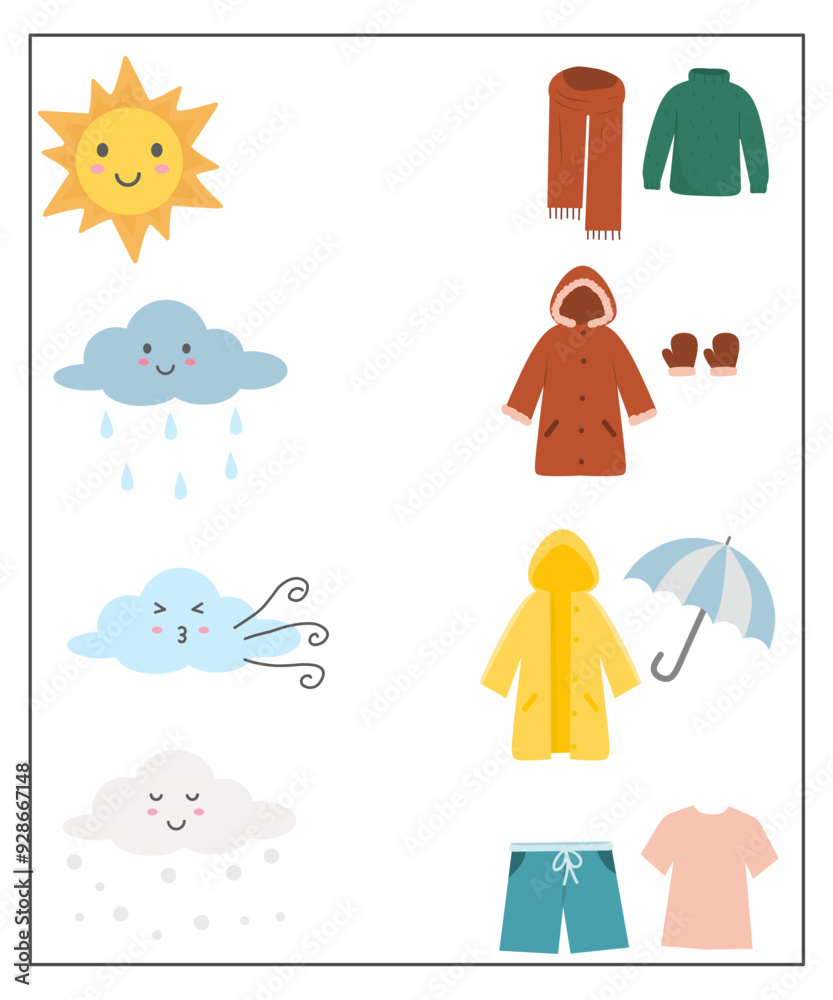 Weather and clothes worksheet for kindergarten, match the weather to ...