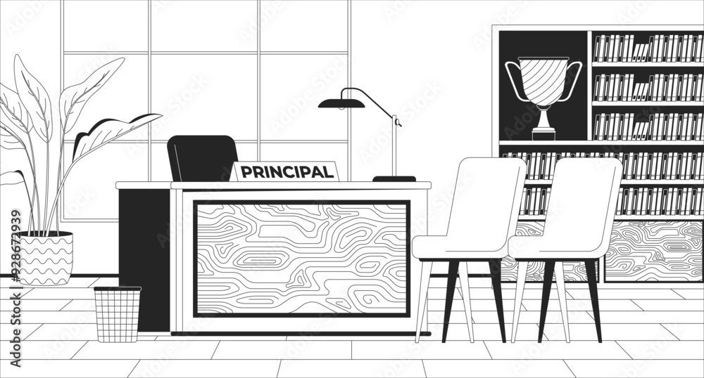 School principal office furnishing black and white line illustration ...