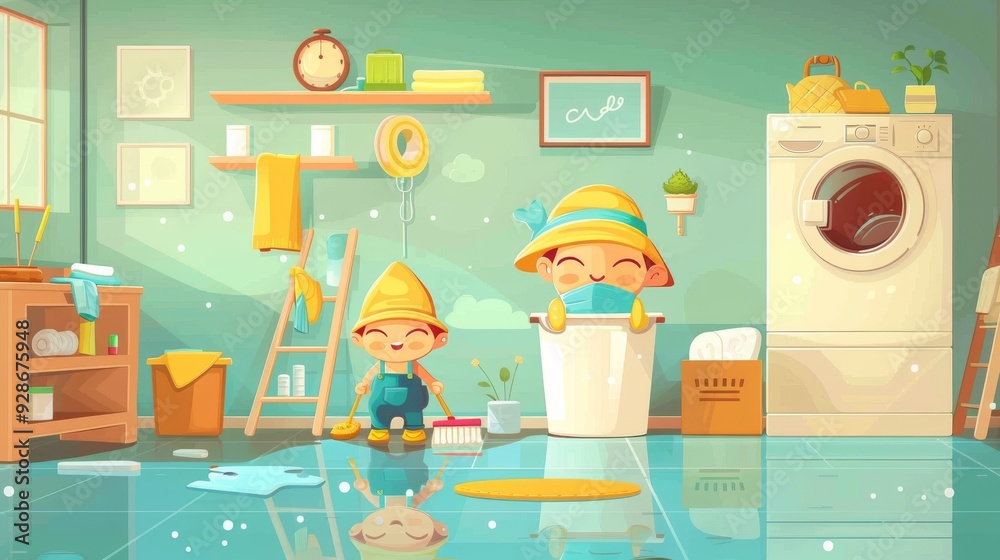 Cartoon Vector Happy cartoon room cleaning staff wiping down surfaces ...