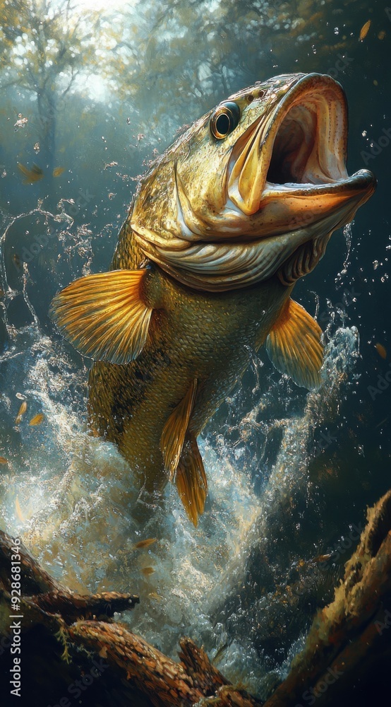 A largemouth bass leaps out of the water, captured in hyper-realistic ...