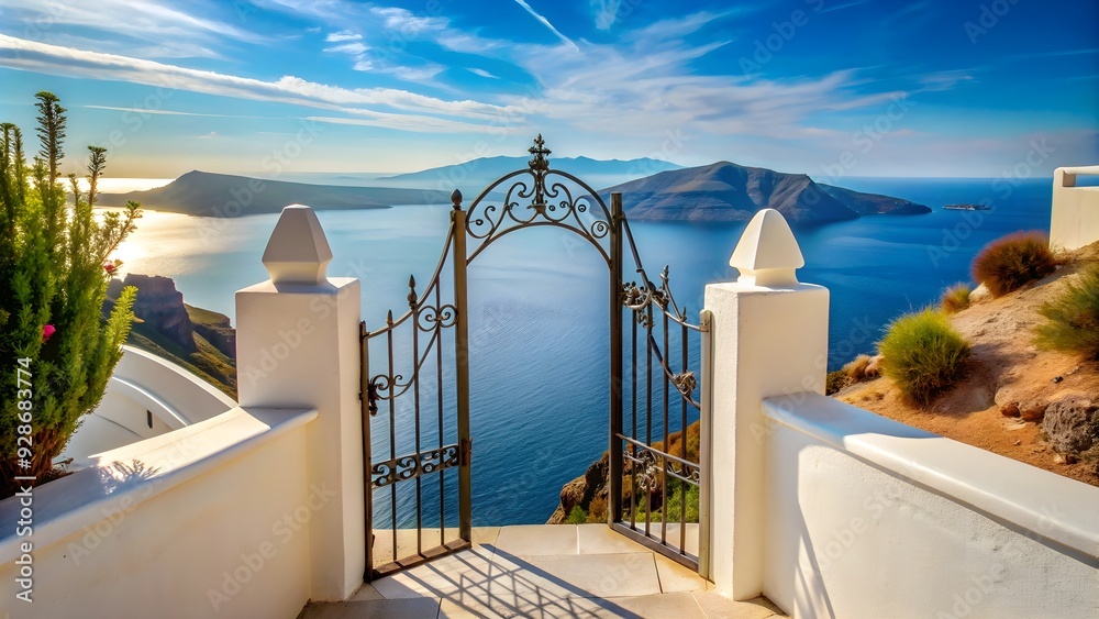Mediterranean luxury gate wall leading to the sea view with Santorini ...