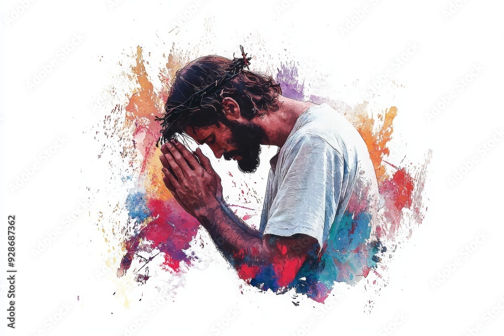 Jesus in prayer at the Garden of Gethsemane, rendered in soft ...