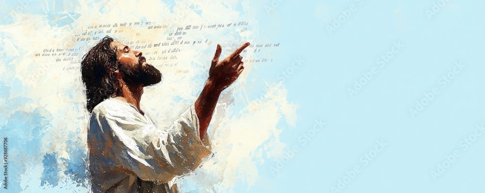 Jesus on the Mount of Beatitudes, delivering a sermon, rendered in ...