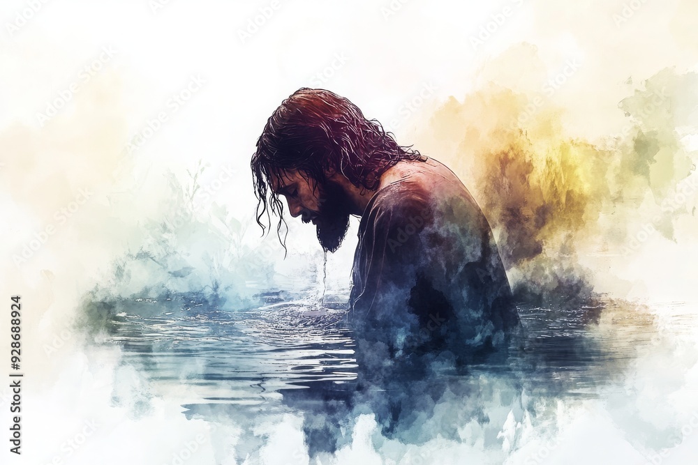Jesus baptizing in the Jordan River, flowing water, watercolor effect ...