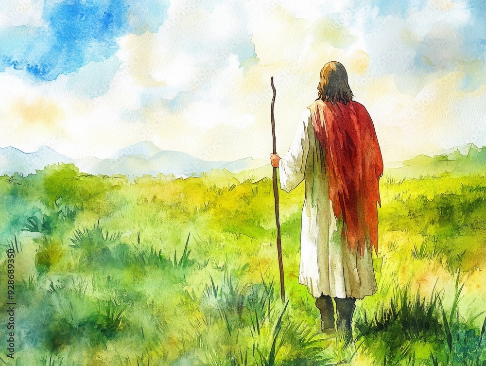 Jesus with a shepherd s staff in a lush, green field, watercolor ...