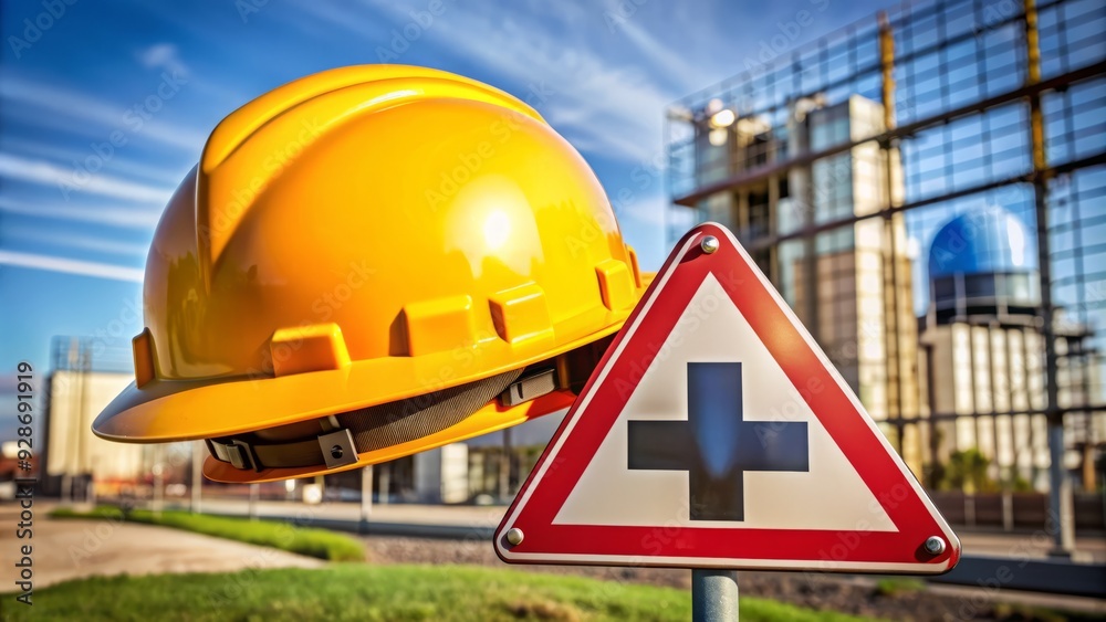 Warning sign icon depicting a construction helmet with a red cross and ...