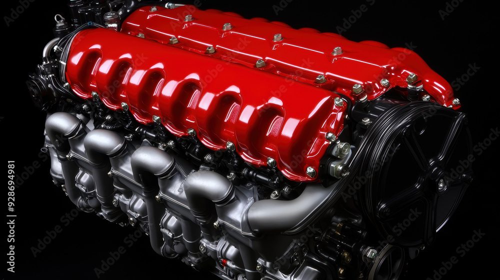 High-performance V12 engine with a red air intake manifold showcased ...