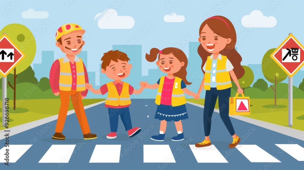 Cartoon vector parents teaching kids about road safety with traffic ...