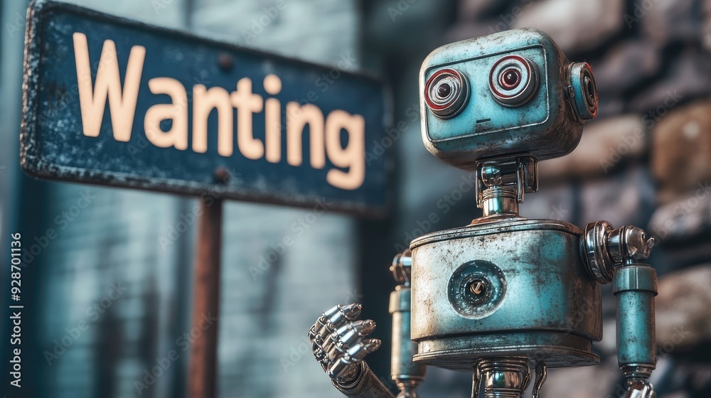 AI and desire concept: A robot positioned in front of a "Wanting" sign ...