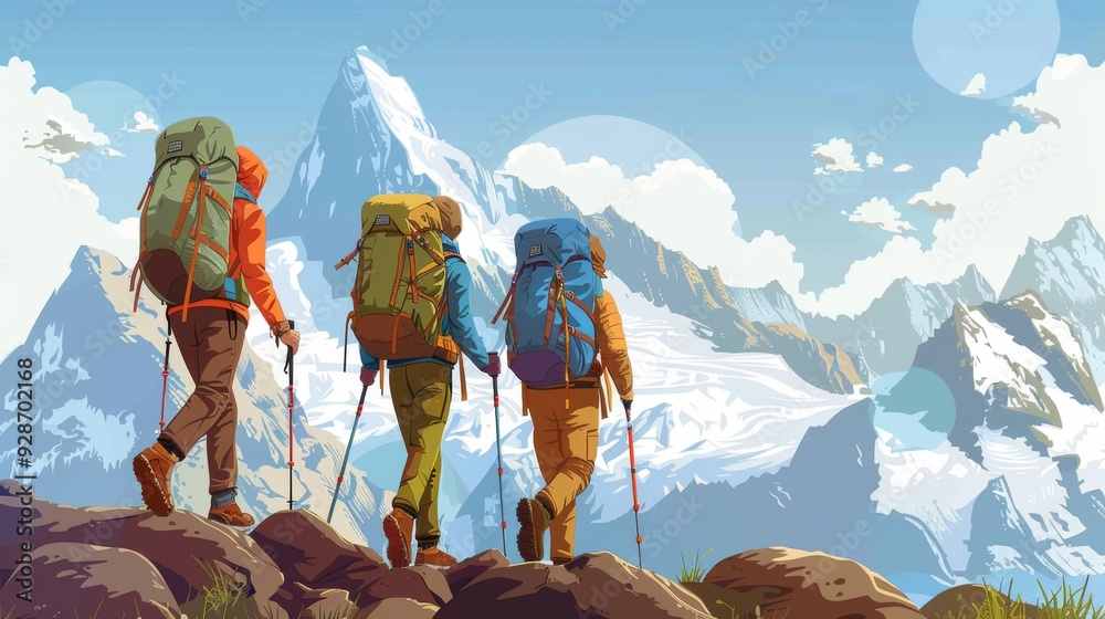 Cartoon vector hikers using proper gear while trekking through ...