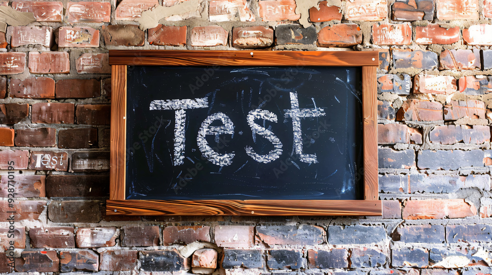 Vintage blackboard on a rustic brick wall with white chalk writing ...