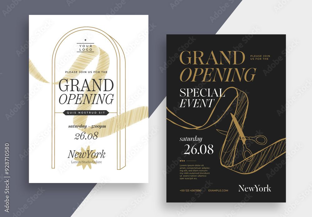 Grand Opening Event Poster Template with Gold Cut Ribbon and Scissors ...
