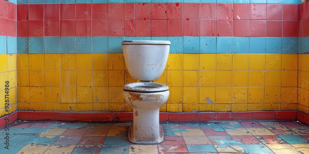 An old, dirty toilet in an abandoned building with colorful ...