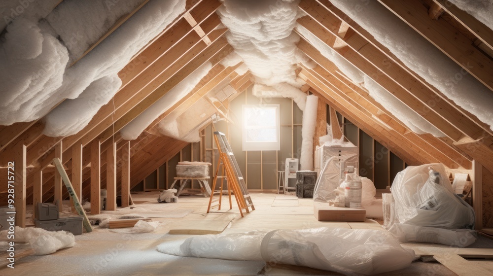 Interior view of an unfinished attic with exposed wooden beams Stock ...