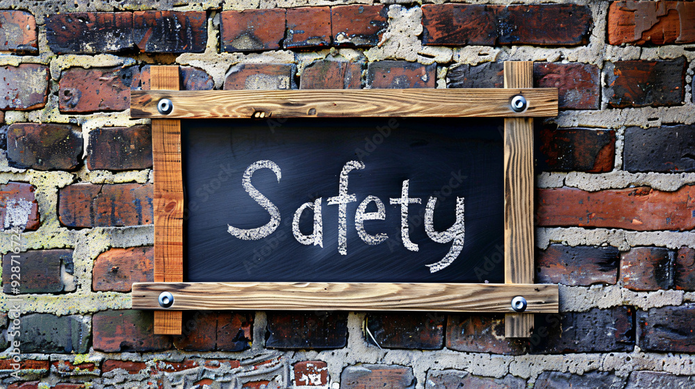 Safety message on a blackboard hangs securely on a brick wall ...
