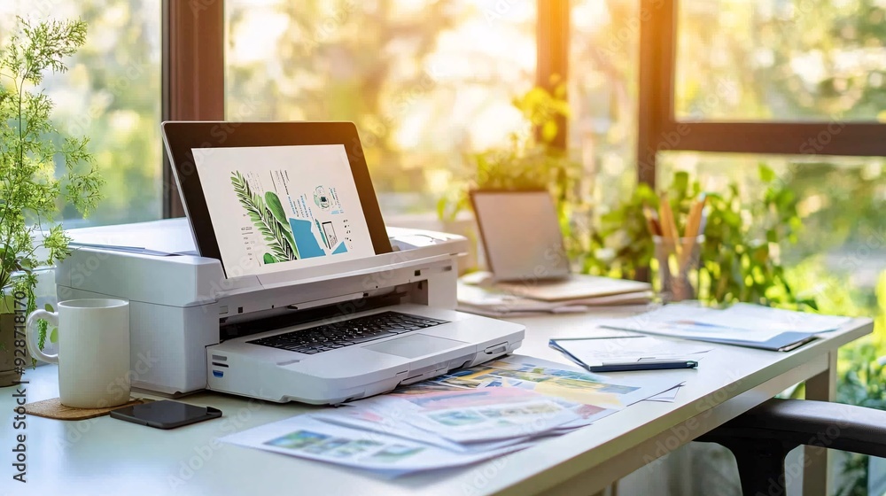A modern, high-resolution printer in a well-lit office environment, actively printing a colorful ...