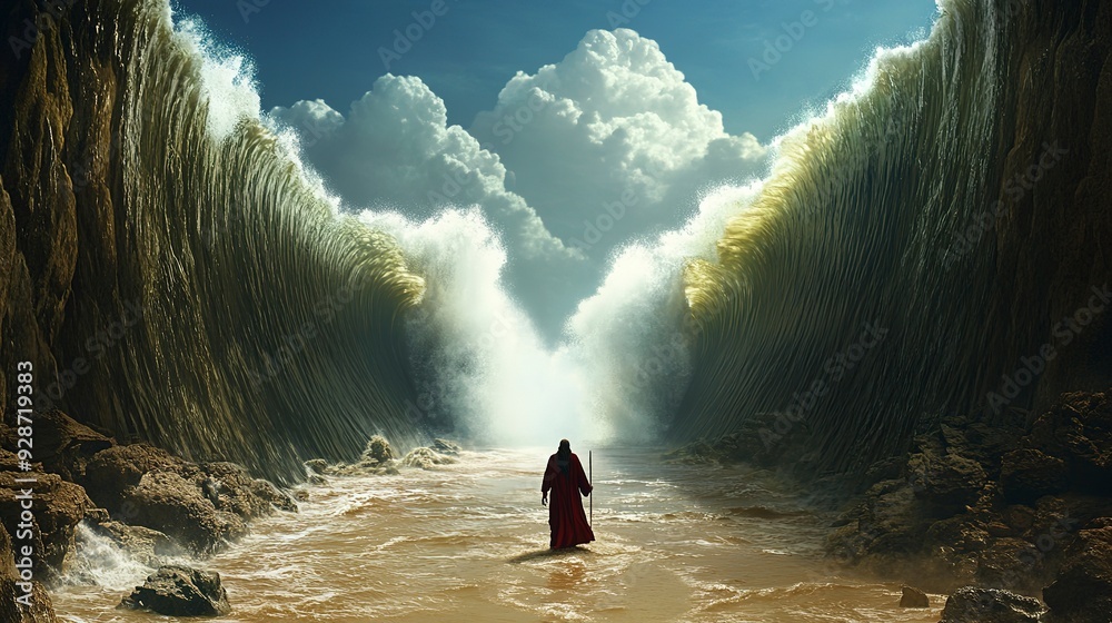 Moses parting the Red Sea, with towering walls of water on either side ...