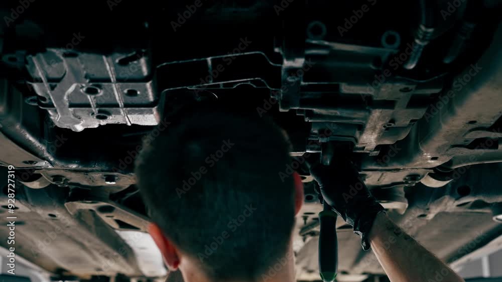close up an auto mechanic at service station checks a car being lifted ...