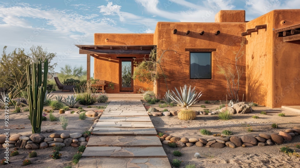 Create a photo of a desert home exterior with adobe walls, shaded ...