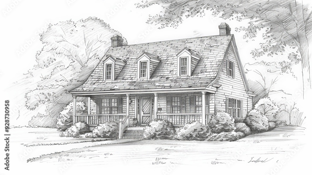 ภาพประกอบสต็อก Create a sketch of a traditional Cape Cod house ...