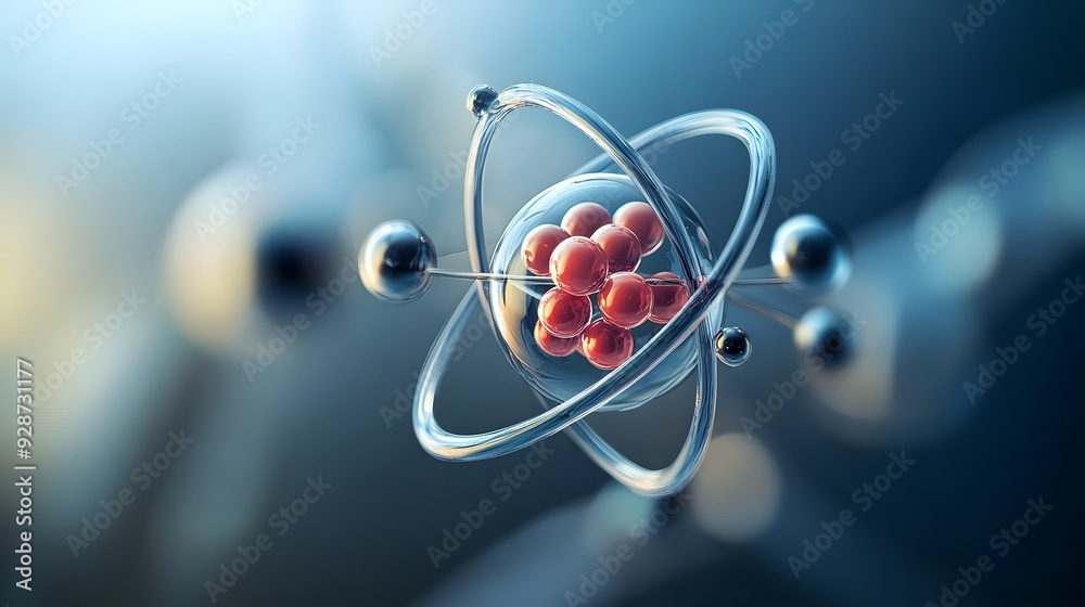 7. A scientific diagram of an atom with labeled parts and a 3D ...