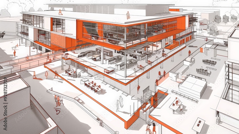 Create an architectural drawing of a contemporary office building ...