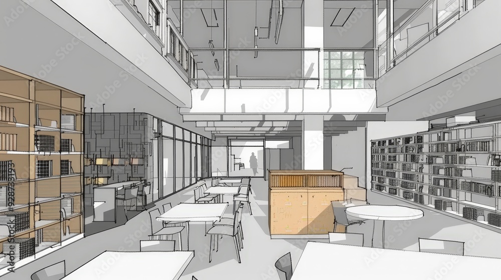 Create an architectural sketch of a modern library, focusing on its ...