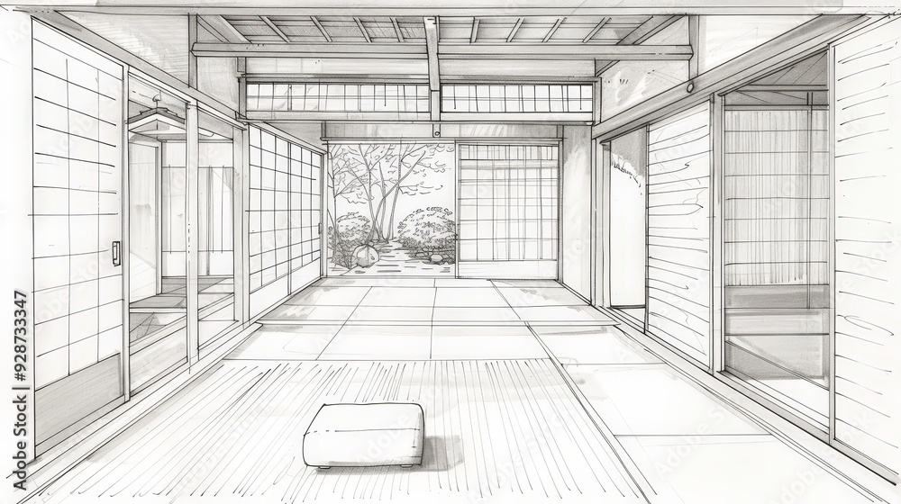 Create an architectural sketch of a traditional Japanese house ...