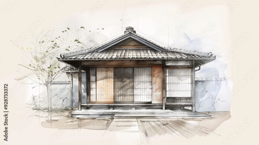 Create an architectural sketch of a traditional Japanese house ...
