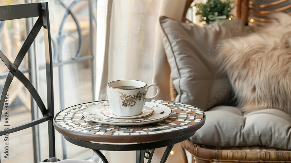 Create an image of a small bistro table with a mosaic tile top, perfect ...