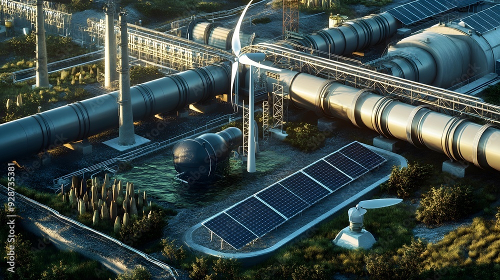 A field of wind turbines and solar panels. Scene is one of progress and ...