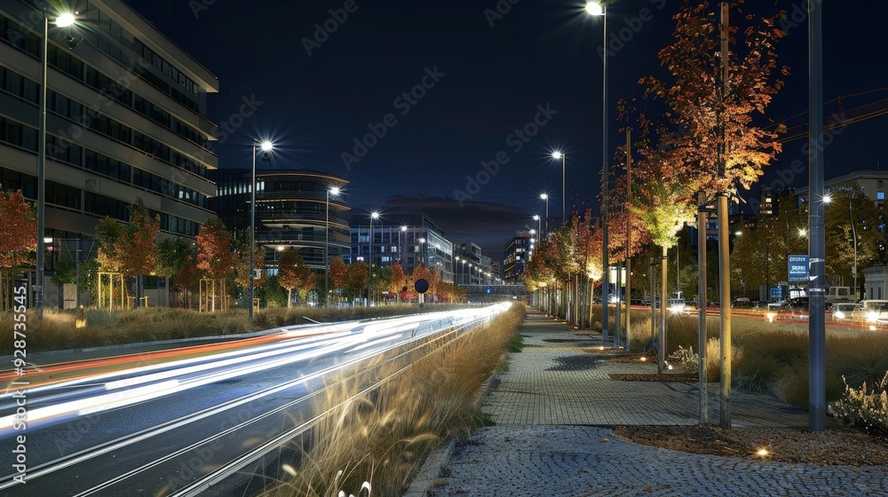 Create an image of an urban road at night, lit by streetlights and ...