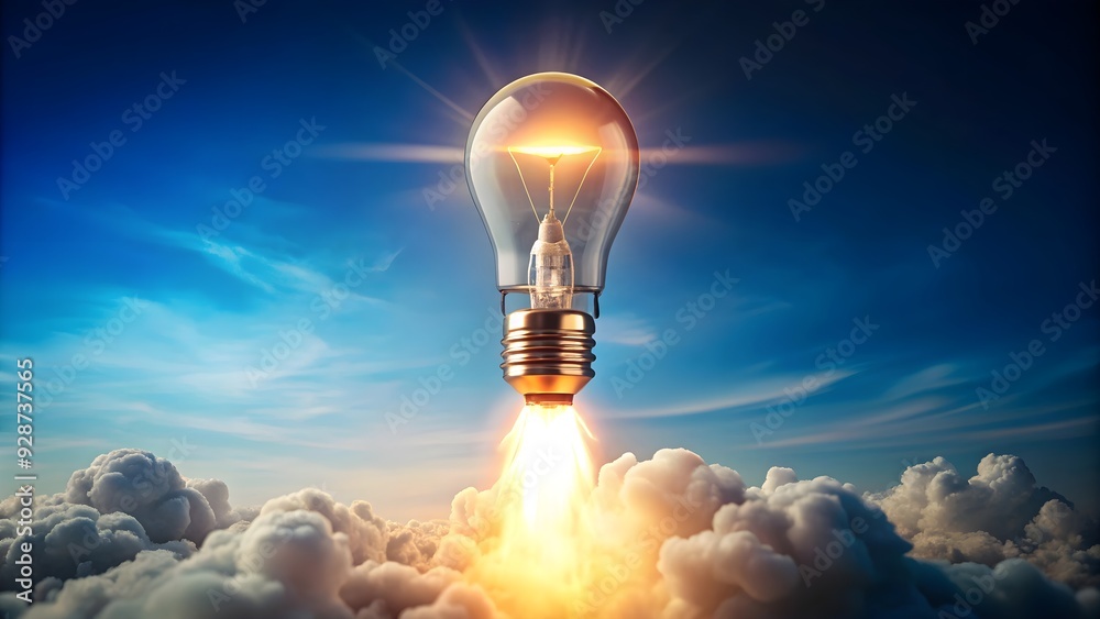Light bulb taking off like a rocket into the sky, innovation ...