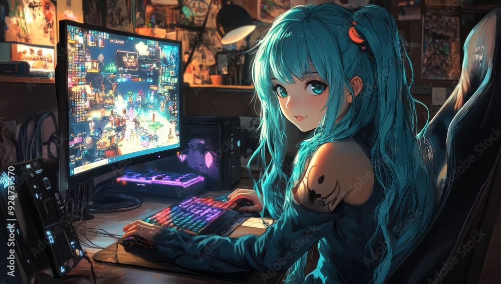 cute anime girl seriously playing game Stock Illustration | Adobe Stock