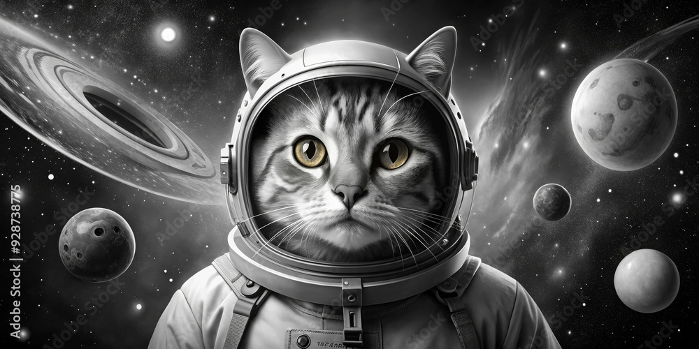 Cosmic Cat in Space A Monochromatic Vision of Feline Exploration, space ...