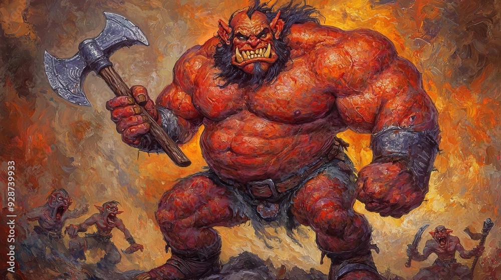 Against the background of dawn, a giant troll and people are fighting ...