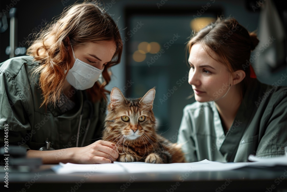 Two veterinarians, one wearing a face mask, examine a cat on an ...
