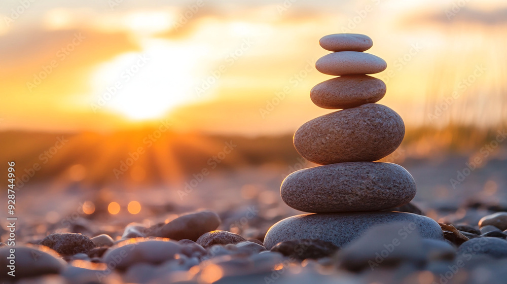 Seven stacked stones of different size, colour and shape, sitting in ...