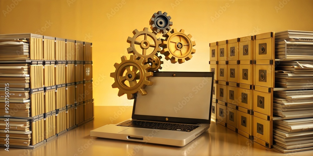 The Cogs of Progress: A laptop computer sits open on a desk, with ...
